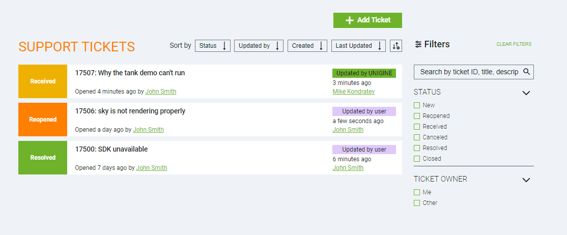 Managing Tickets - Documentation - Unigine Support System